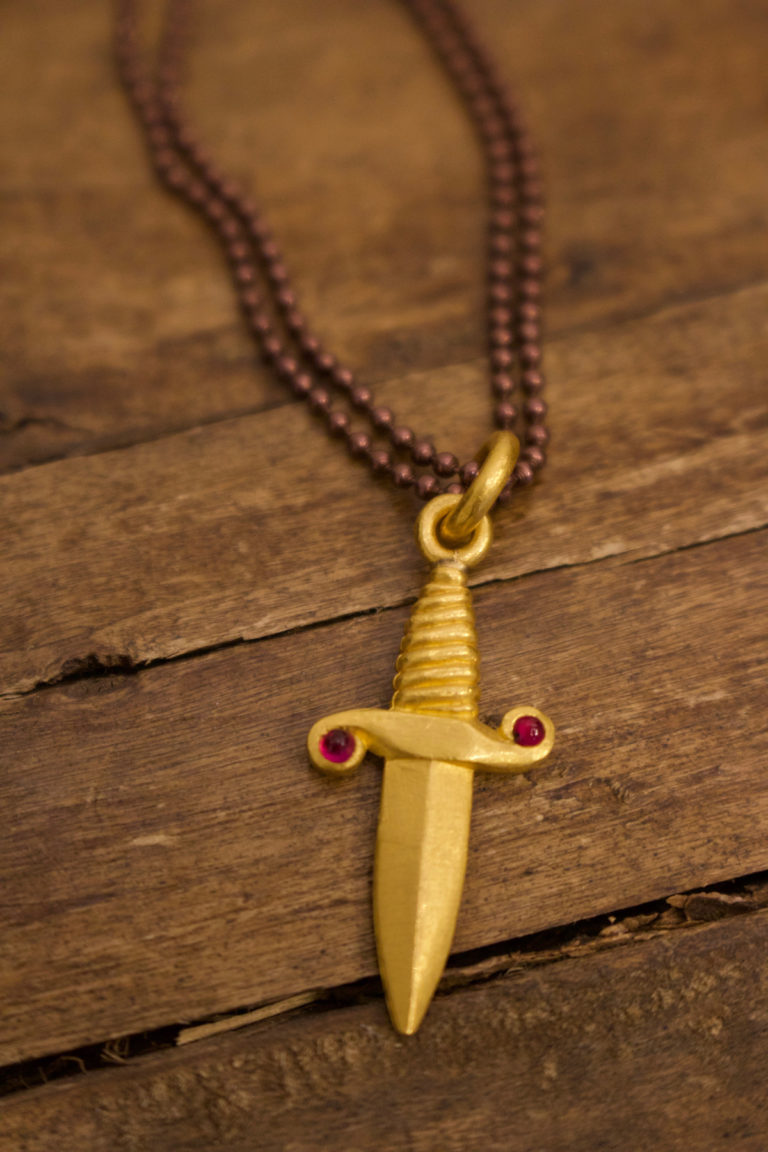 24k Yellow Gold Small Swirled Dagger w/ Rubies - Poor Cat Designs