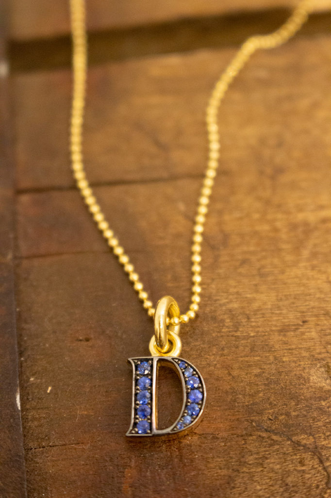18k Yellow Gold Uppercase Letter “D” with Sapphires-14 - Poor Cat Designs